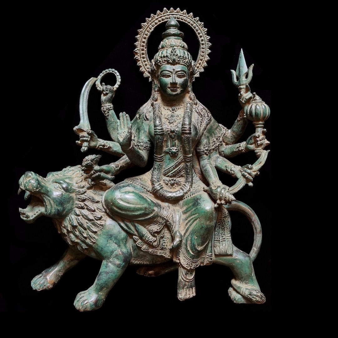 Kali Durga Goddess Sitting on Lion, Mahakali Bronze Statue, 13.5" Hindu ...
