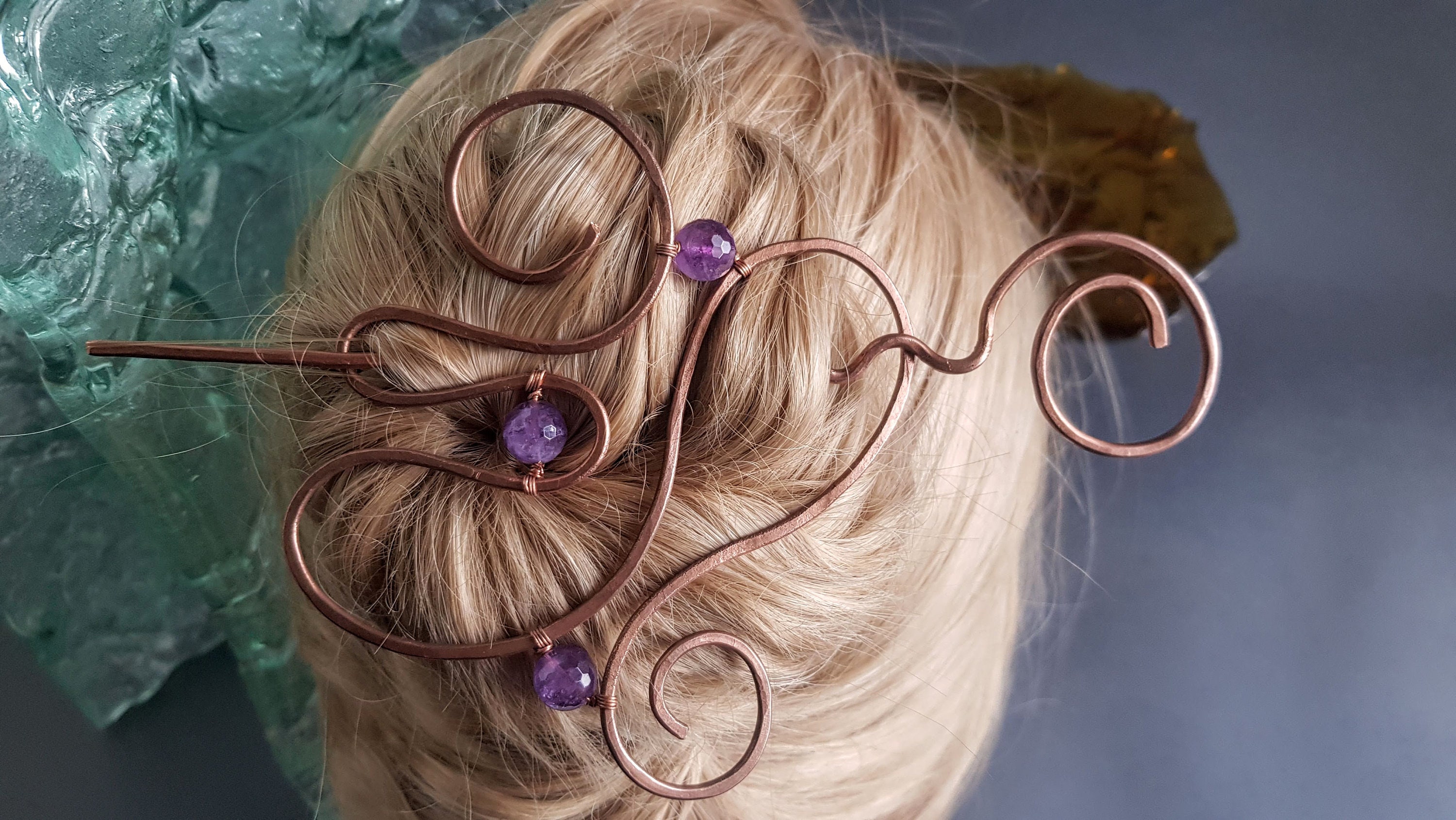 Copper Hair Slide,bun Holder With Ametist Stone,scroll,bun Cage,rustic ...