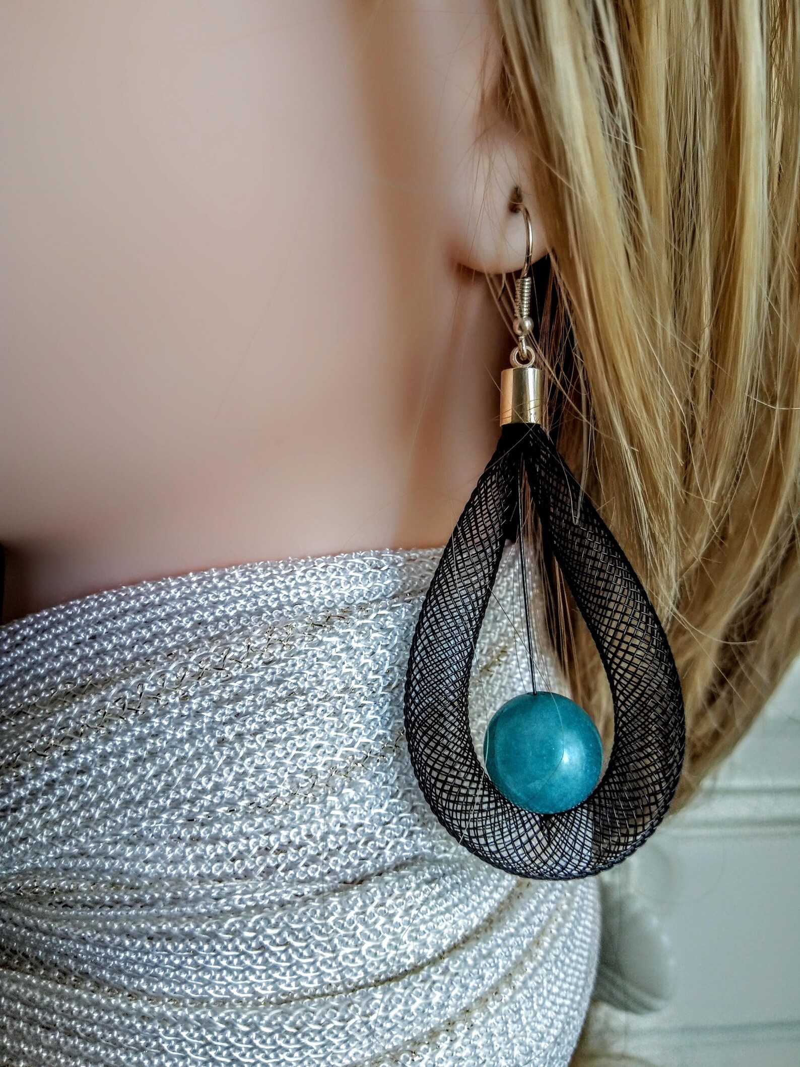 Contemporary Earrings Drop Earrings Mesh Earrings With Blue Agate Stone ...