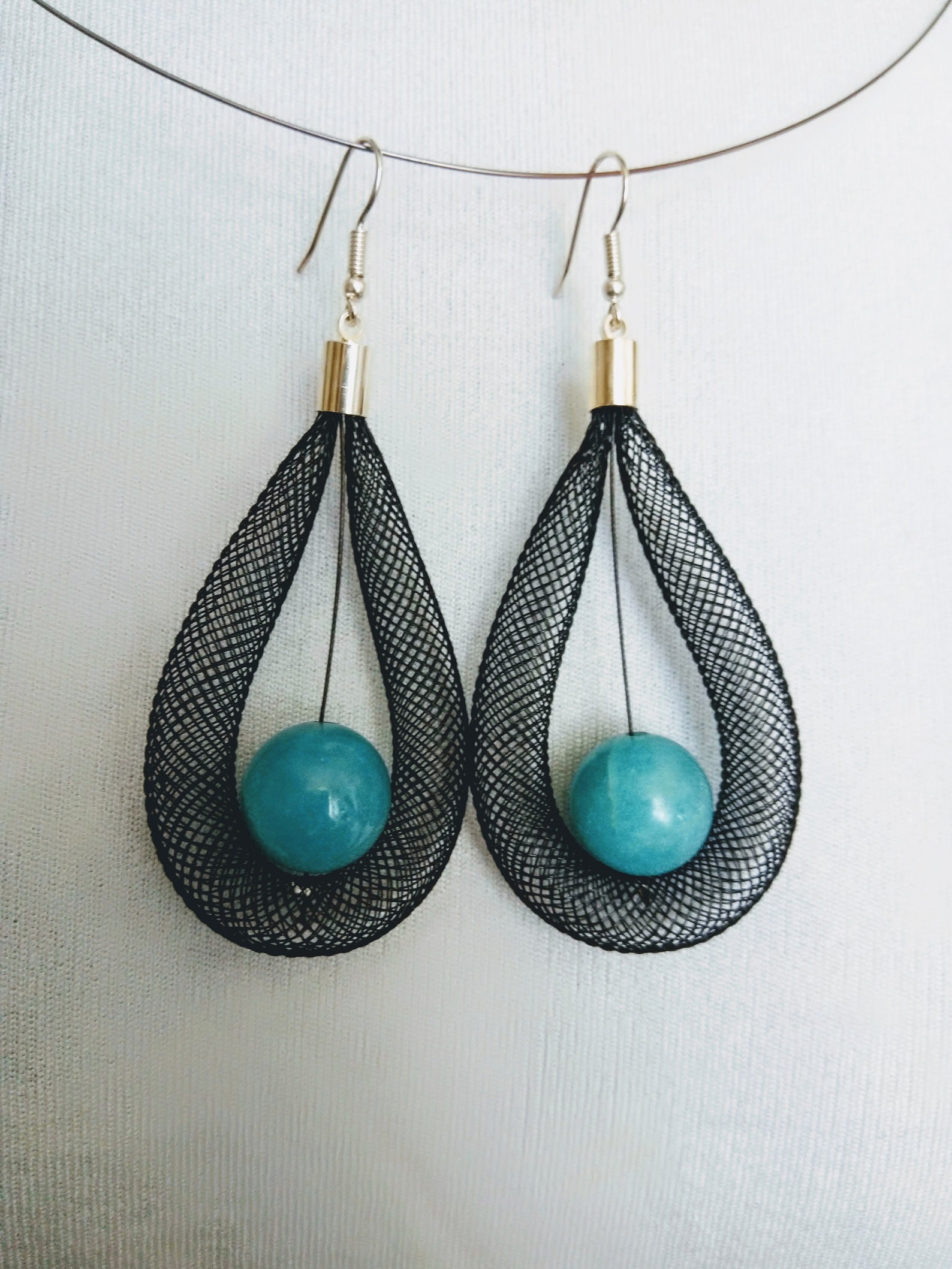 Contemporary Earrings Drop Earrings Mesh Earrings With Blue Agate Stone ...