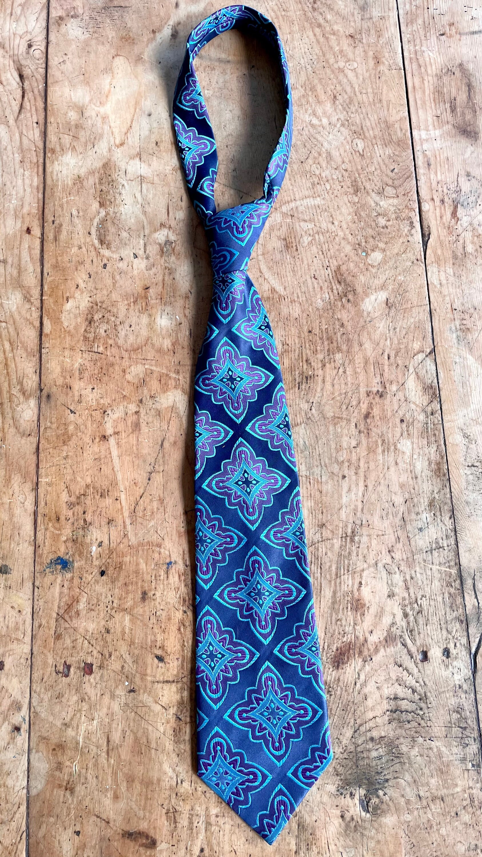 Vintage 70s Wide Brocade Neck Tie Kipper Tie Blue Purple Geometric ...