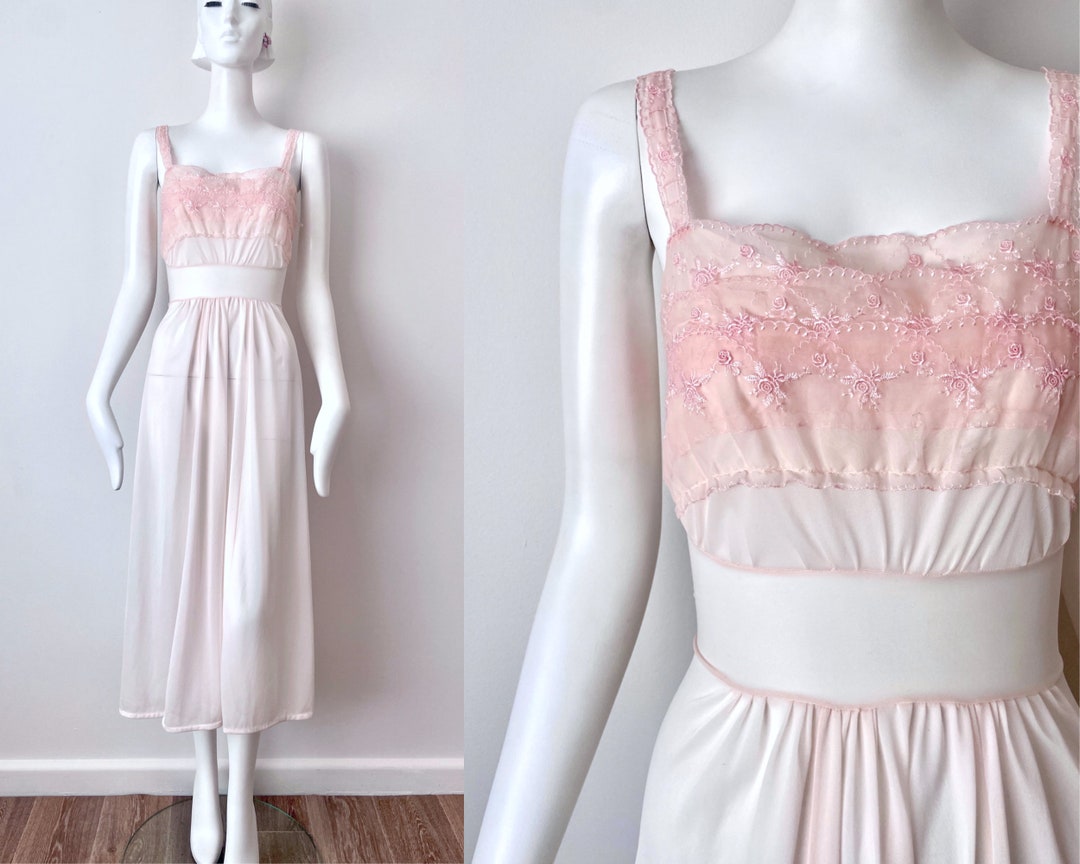 Vintage 1960s Yoked Midi Nightgown Nightie | Ruffled Lace Bodice | Pink ...