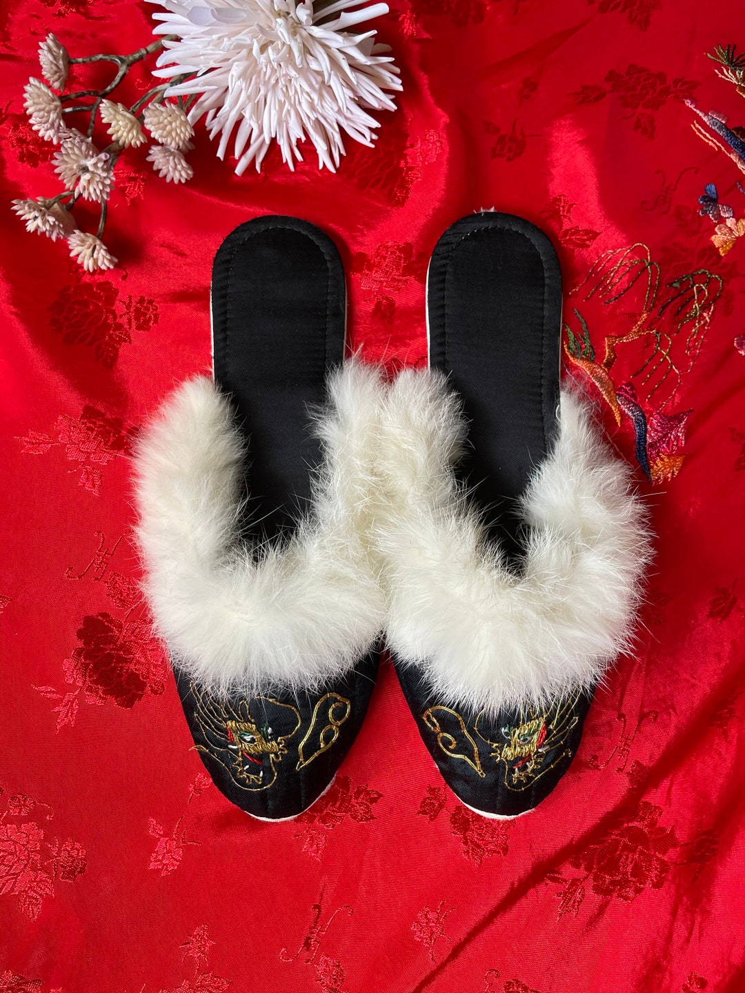 Vintage Boudoir Slippers Japanese Embroidered Silk With Rabbit Fur Trim ...