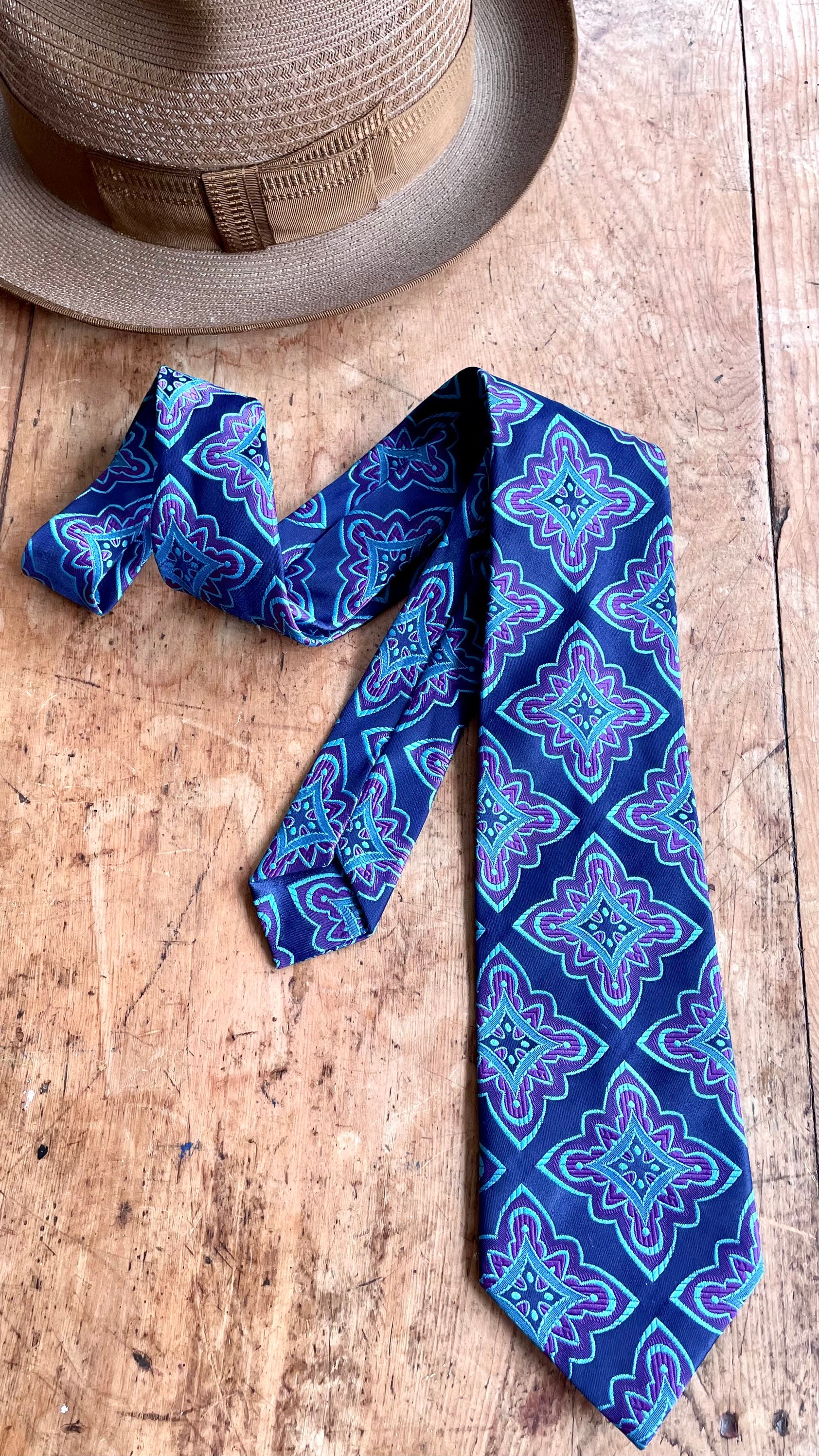 Vintage 70s Wide Brocade Neck Tie Kipper Tie Blue Purple Geometric ...