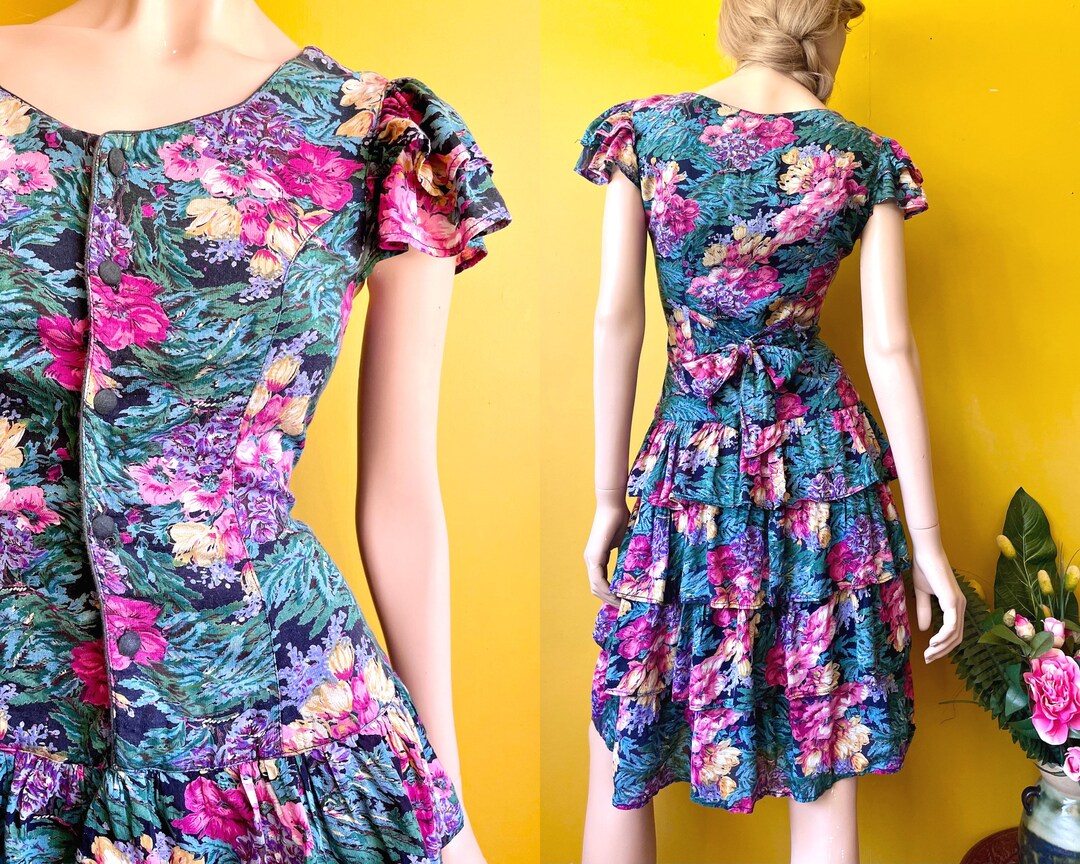Vintage 1980s Tiered Floral Rara Dress | Short Sleeve Midi Cottagecore ...