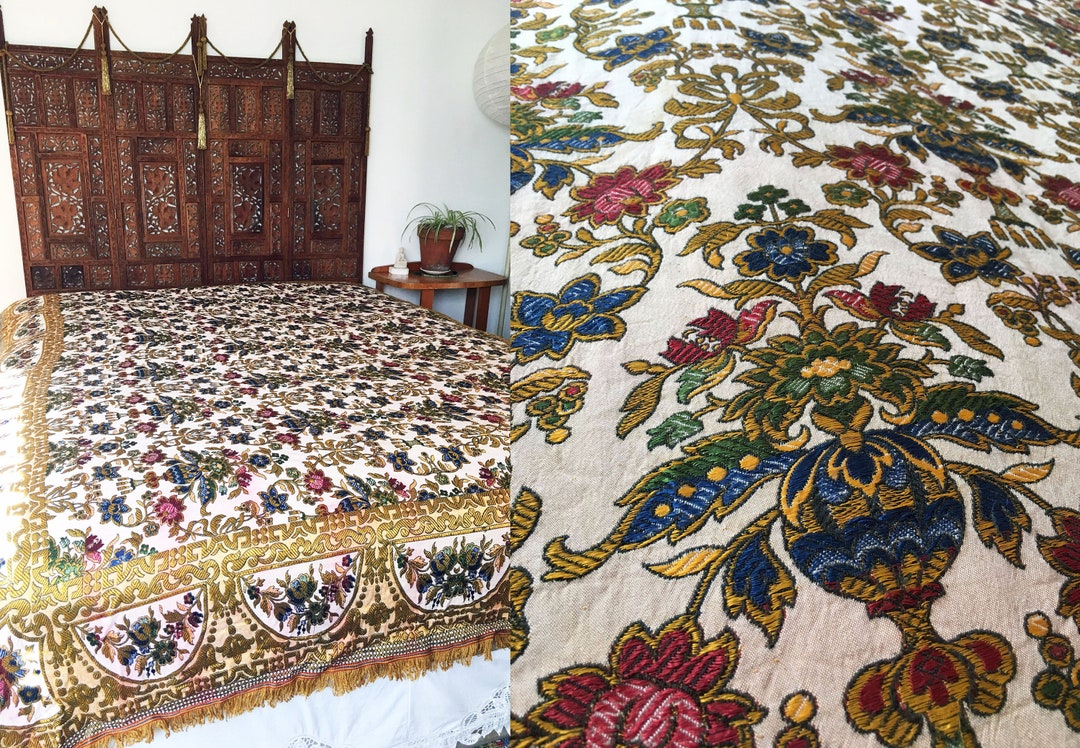 Vintage Mid Century Bedspread Italian Satin Brocade Floral - Etsy