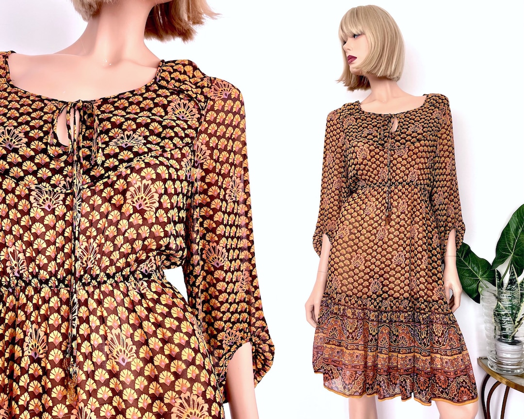 Vintage 70s Peasant Smock Dress Art Nouveau Floral Print Crepe Boho ...