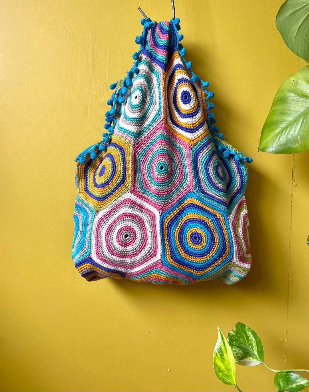 Vintage Crochet Shoulder Bag, Rainbow Knit Shopper/hobo, Hippie Boho ...
