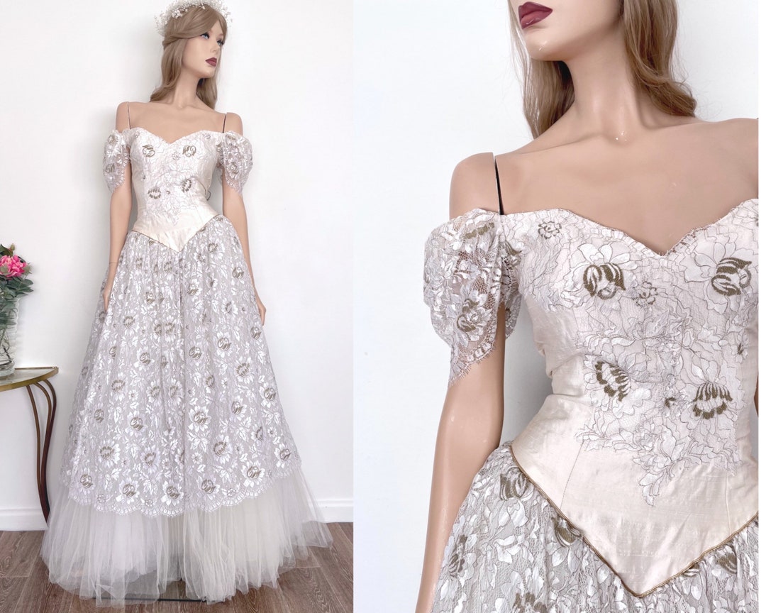 Vintage 1980s Raw Silk off Shoulder Ballgown Basque Waist Lace Wedding ...