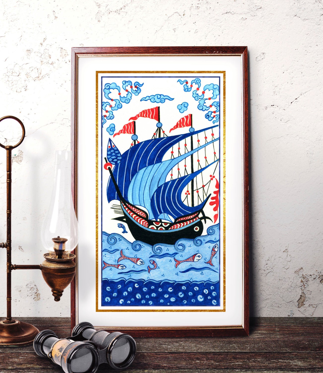 Traditional Istanbul Blue Galleon Home Decor, Ottoman Ship Iznik ...