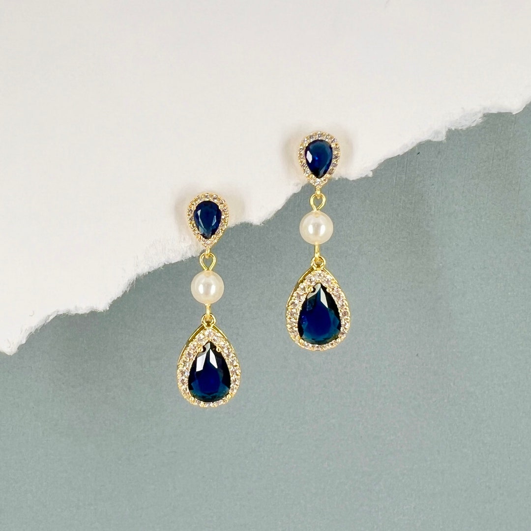Classic Bridal Something Blue Gold Earrings, Sapphire Teardrop Earrings, Wedding Bride Jewelry ...