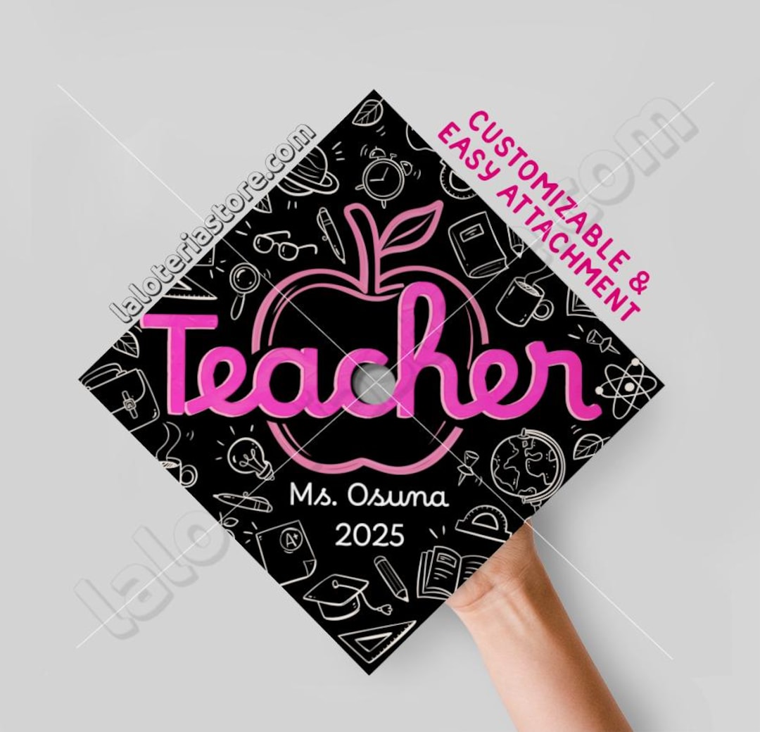 Teacher - Big Apple Cute Graduation Cap Topper - Customizable - Pink ...