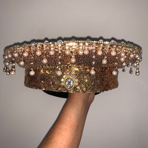 Gold Sequin Military Hat, Pearl, Rhinestone, AB Rhinestone, Festival ...