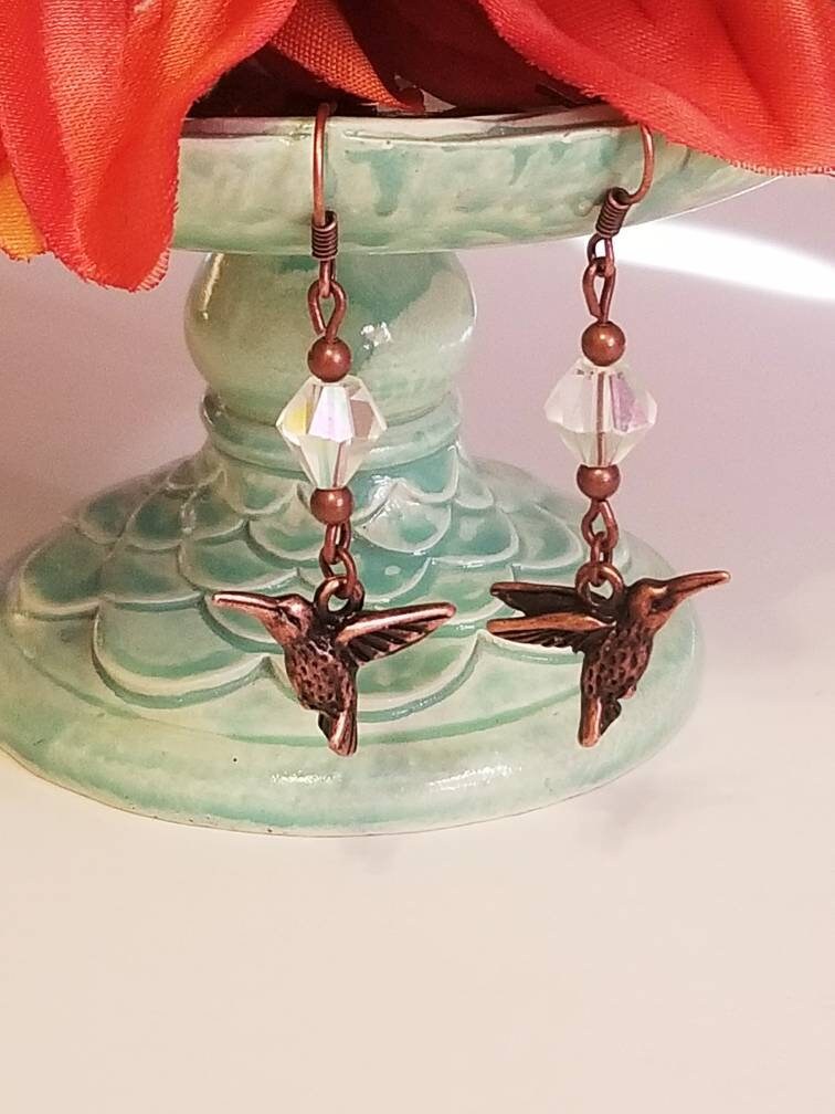 Copper Hummingbird Earrings Crystal Earrings Copper Earrings - Etsy ...