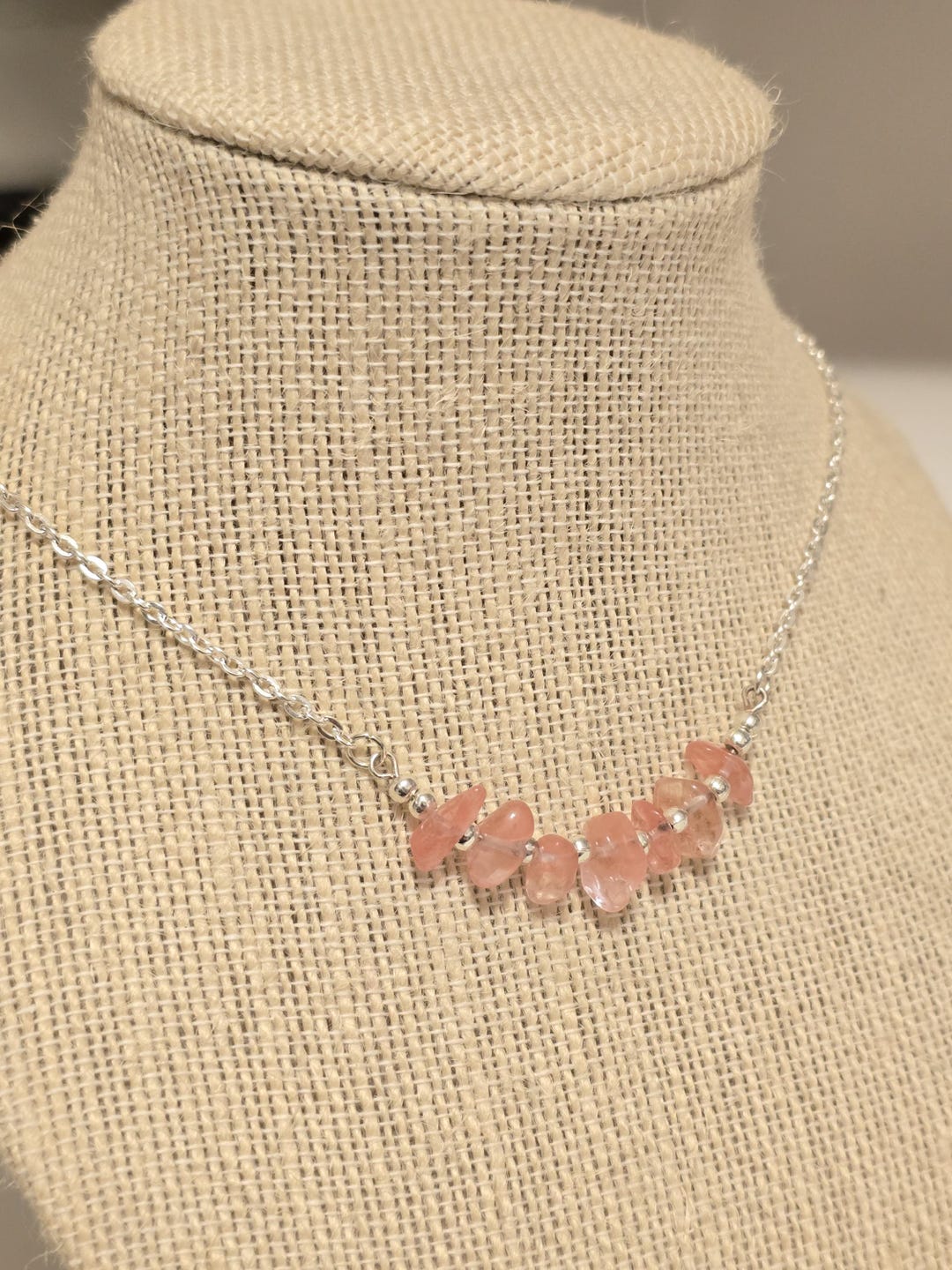 Watermelon Red Quartz Necklace, Pink Chip Bead Bar Necklace, Natural ...