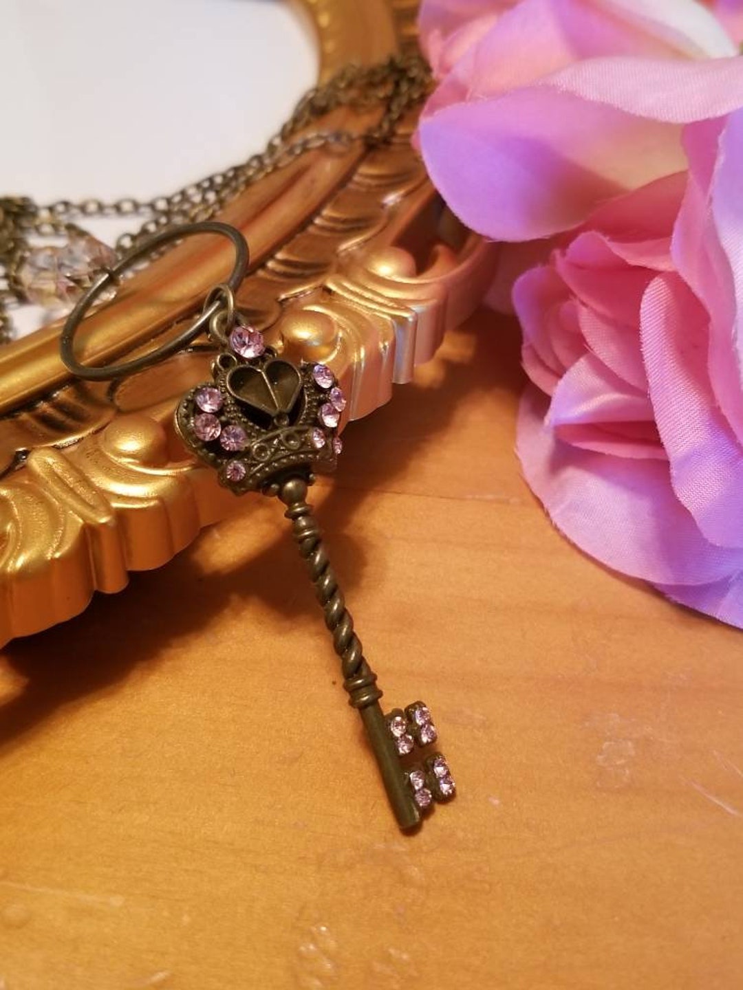Vintage Style Pink Rhinestone Key Pendant Necklace, Bronze Key Necklace ...