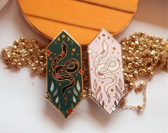 Snake Enamel Pin Magical W. Moon Phases & Flowers Black Gold Serpent ...
