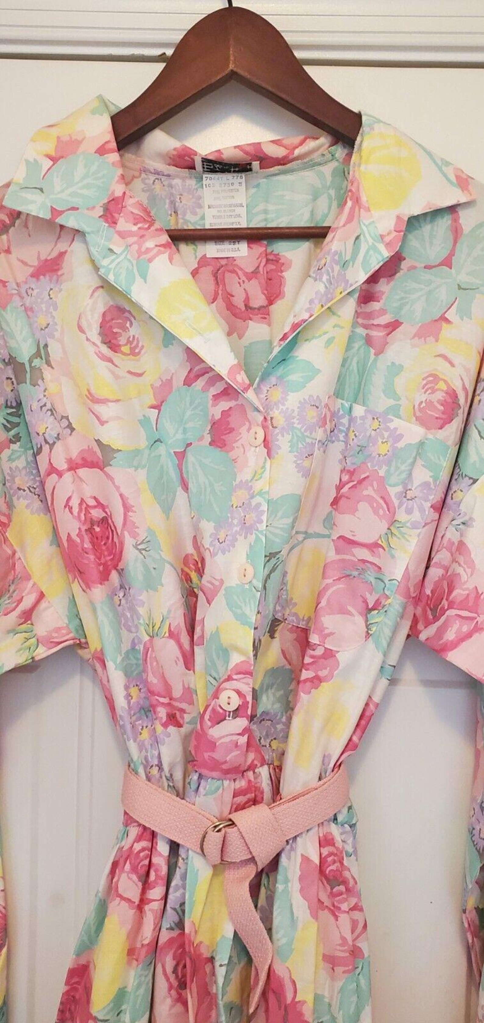 Vtg 1980s Ellen Hart Original Pink Pastel Floral Shirt Dress W/ Belt ...