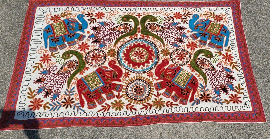 Indian Embroidered Mirror Work Textile Wall Hanging Tapestry Elephant ...