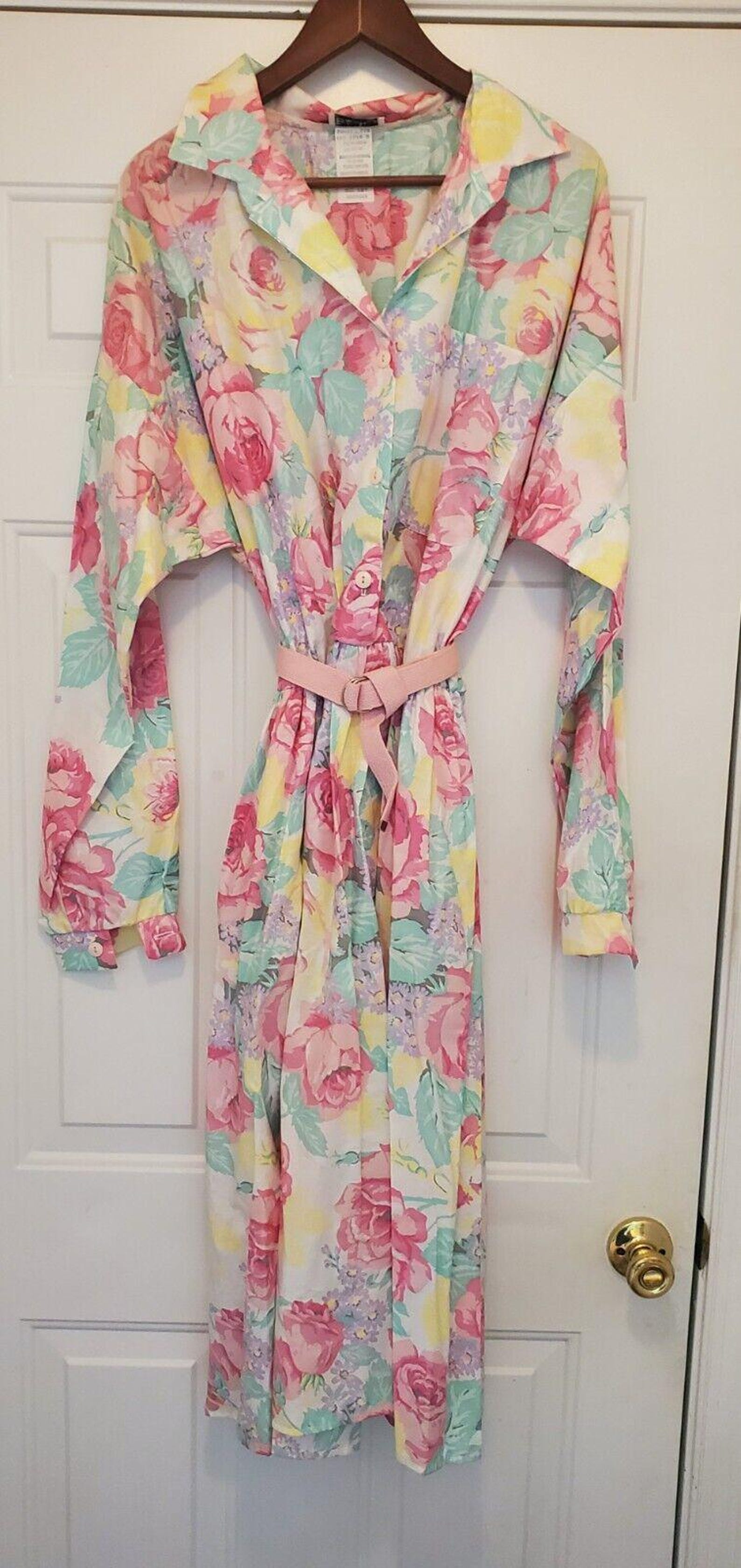 Vtg 1980s Ellen Hart Original Pink Pastel Floral Shirt Dress W/ Belt ...