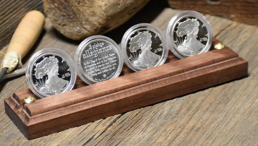 Walnut Hardwood Self Standing Coin Display With Brass Dimpled Dome ...