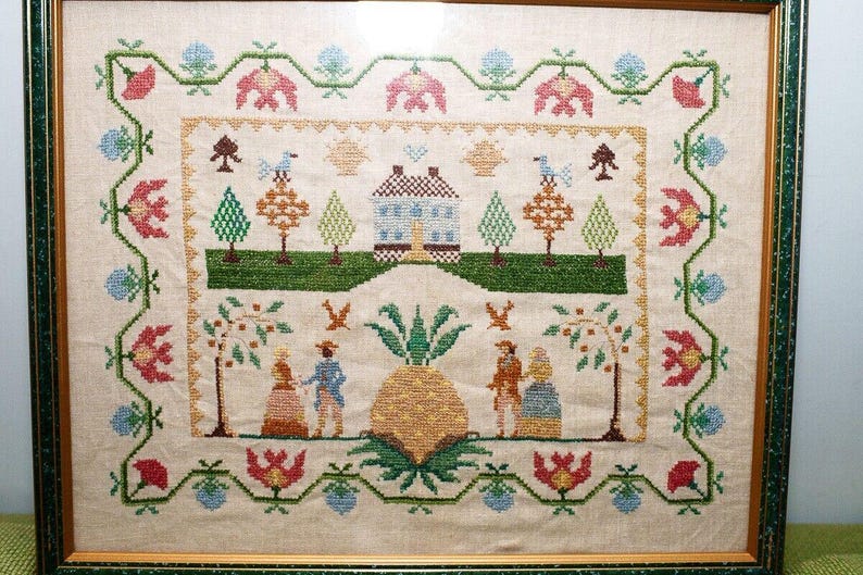 Vintage Colonial Revival Cross-stitch Sampler Pineapple Hospitality ...