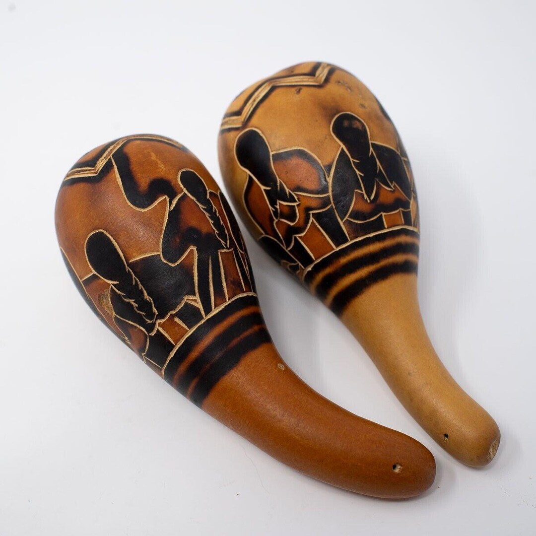 2x Peruvian Carved Calabash Instrument Maracas Rattles Folk Art ...