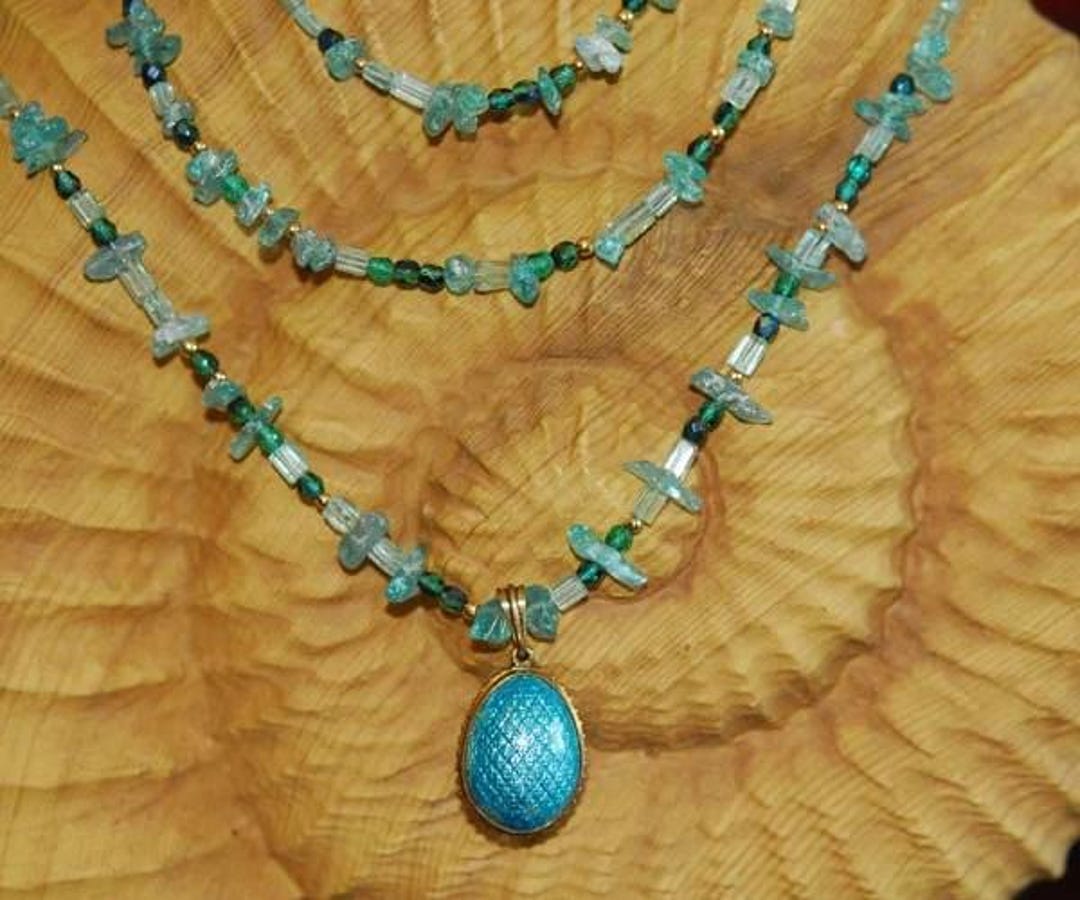 Vintage Engine Turned Enamel Egg Pendant Triple Strand Apatite Necklace ...
