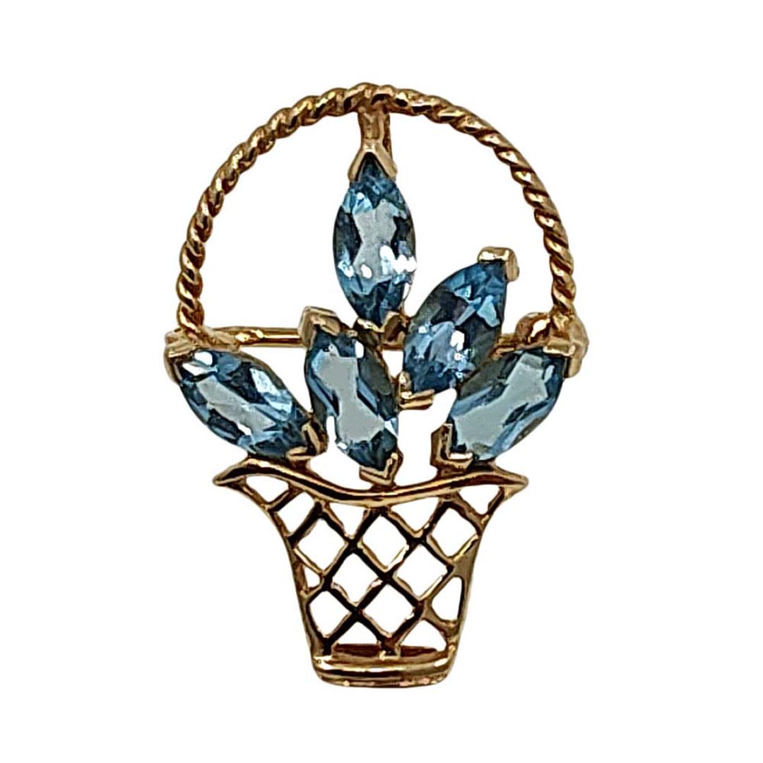 14K Gold Blue Topaz Flower Basket Pin or Pendant - Etsy