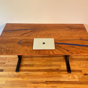 Custom Cherry Desk With Deep Blue Highlights and Electric Standing Base ...
