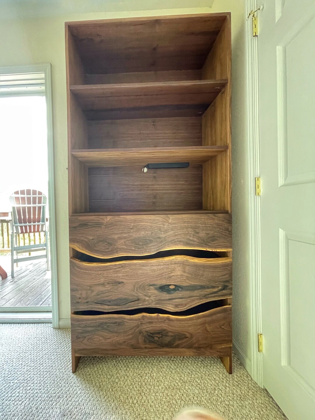 Black Walnut Bookshelf W/ Live Edge Drawers, Custom Made Bookshelf ...