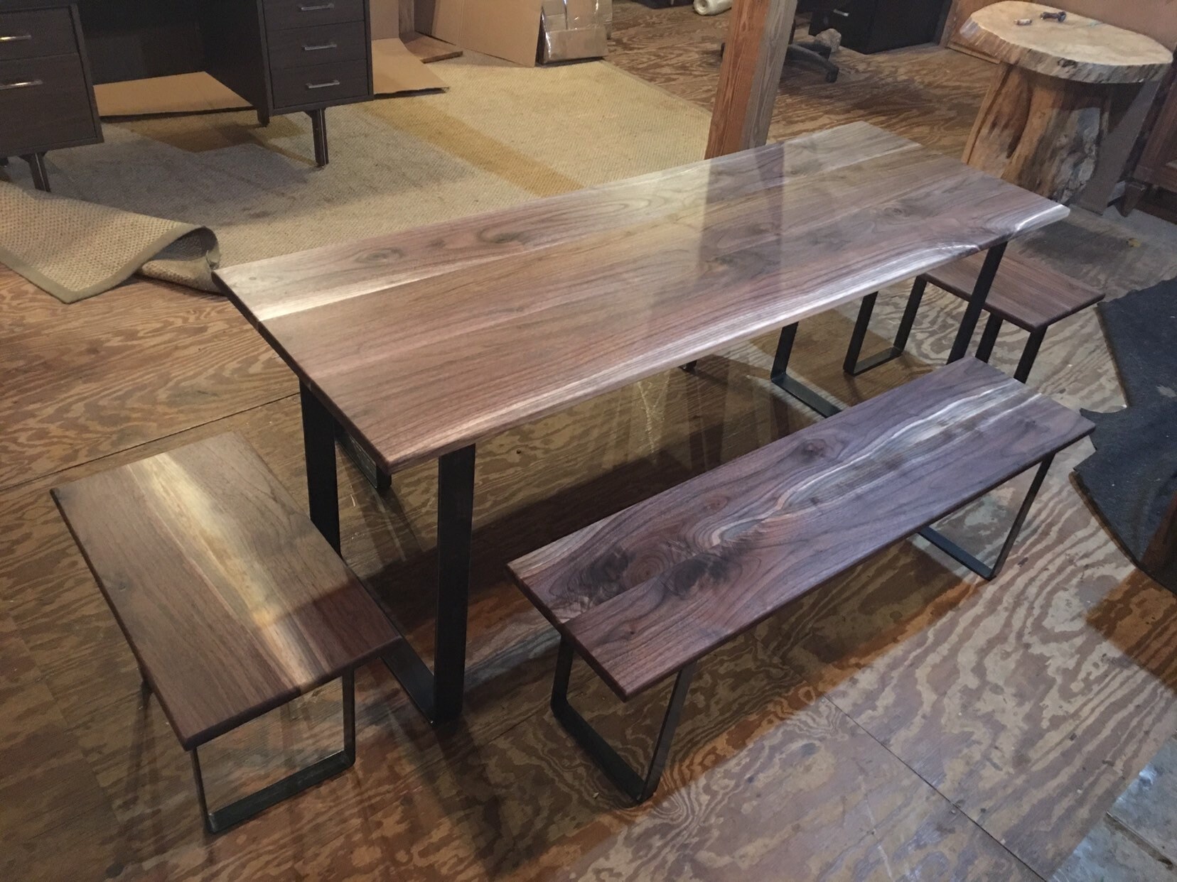 Black Walnut Dining Table Set w/ four matching benches Wood | Etsy