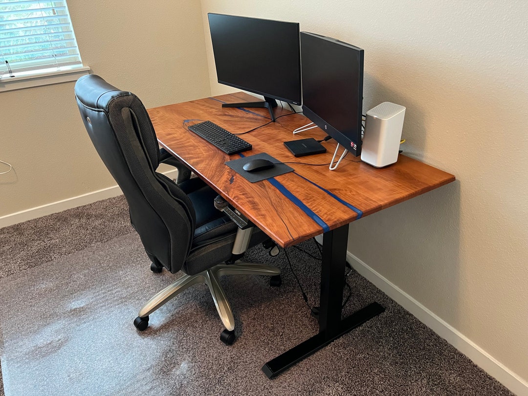 Custom Cherry Desk With Deep Blue Highlights and Electric Standing Base ...