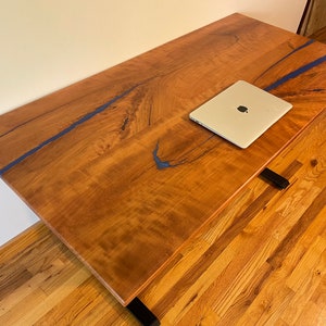 Custom Cherry Desk With Deep Blue Highlights and Electric Standing Base ...