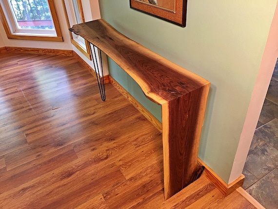 Custom Live Edge Black Walnut Waterfall Table W Copper Accents Live Edge Console Table Live Edge Hall Table Walnut Waterfall Table