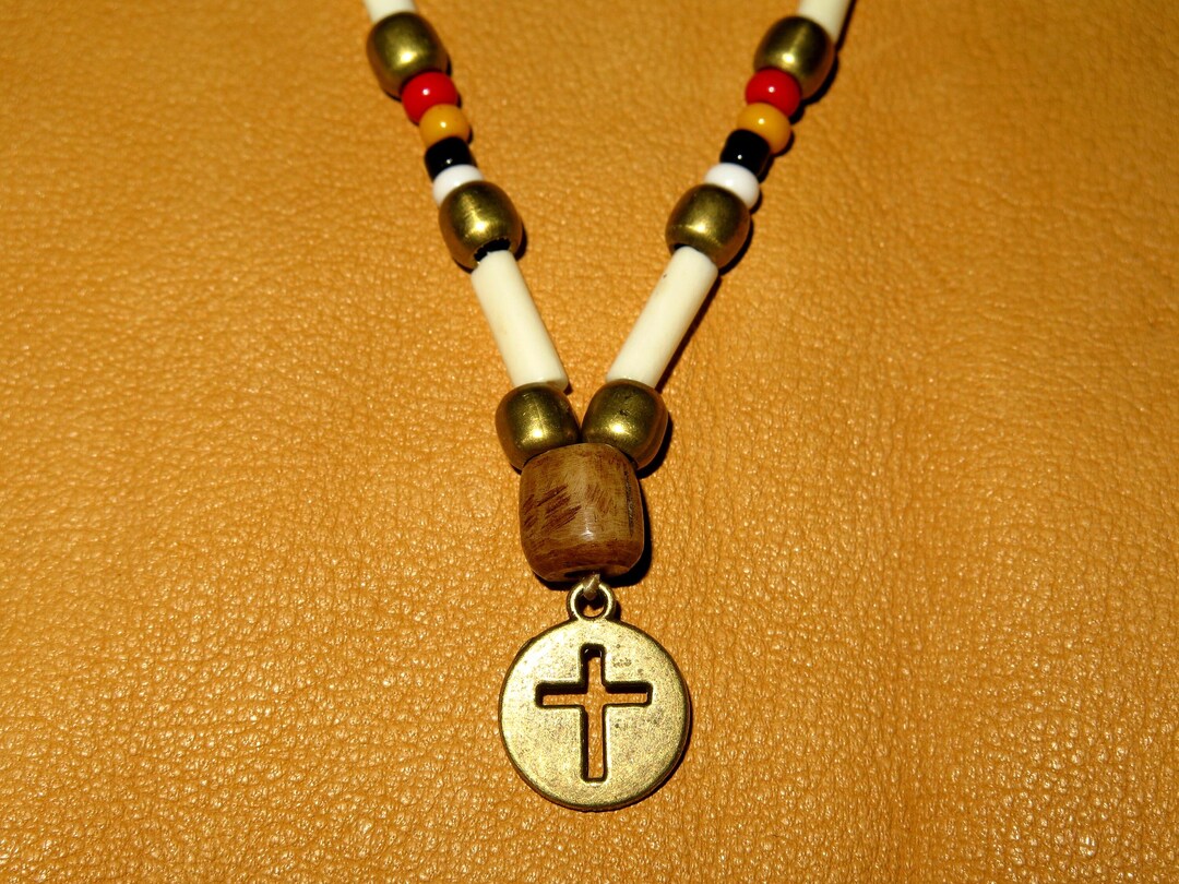 Native American Beaded Cross Necklace: Antique Bronze, Glass Seed Beads ...