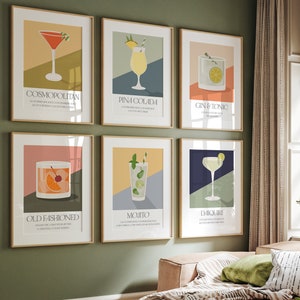 Retro Cocktail Posters, Set of 6 Cocktail Prints, Mid-century Modern ...