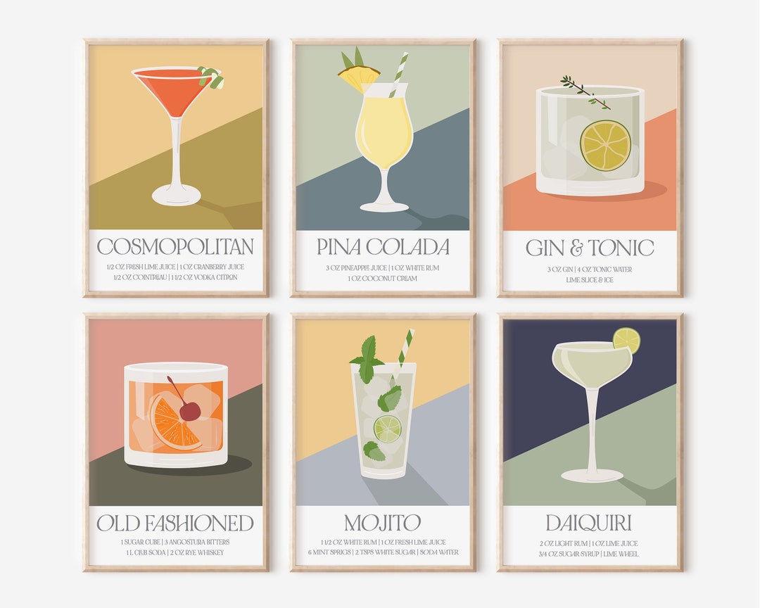 Cocktail Posters Set of 6, Bar Cart Decor, Retro Cocktail Prints ...