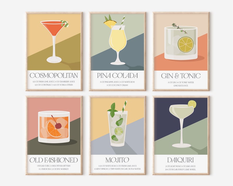 Retro Cocktail Posters Set of 6 Cocktail Prints Mid-century - Etsy