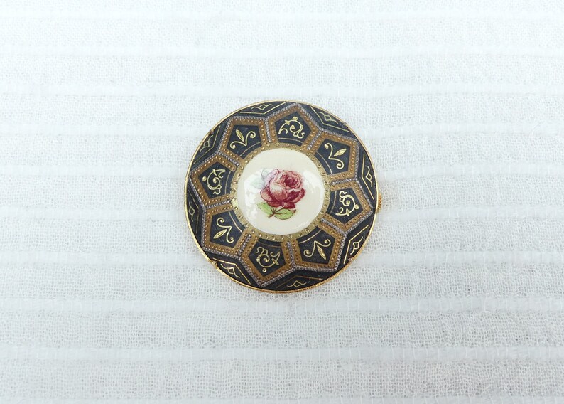 DAMASCENE Disc Brooch, Black Enamel, Gold-tone Metal and Ceramic Button ...