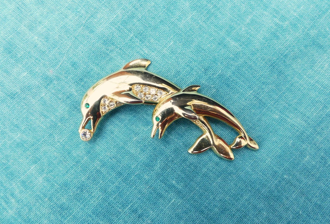 Vintage 1980s Gold-tone Diamanté Two Leaping Dolphins Brooch - Etsy