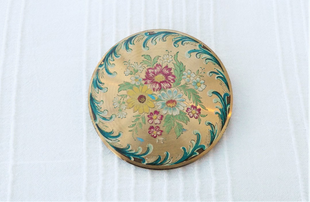 ZENETTE Brass Powder Compact With Blue Waves Border and Pink - Etsy