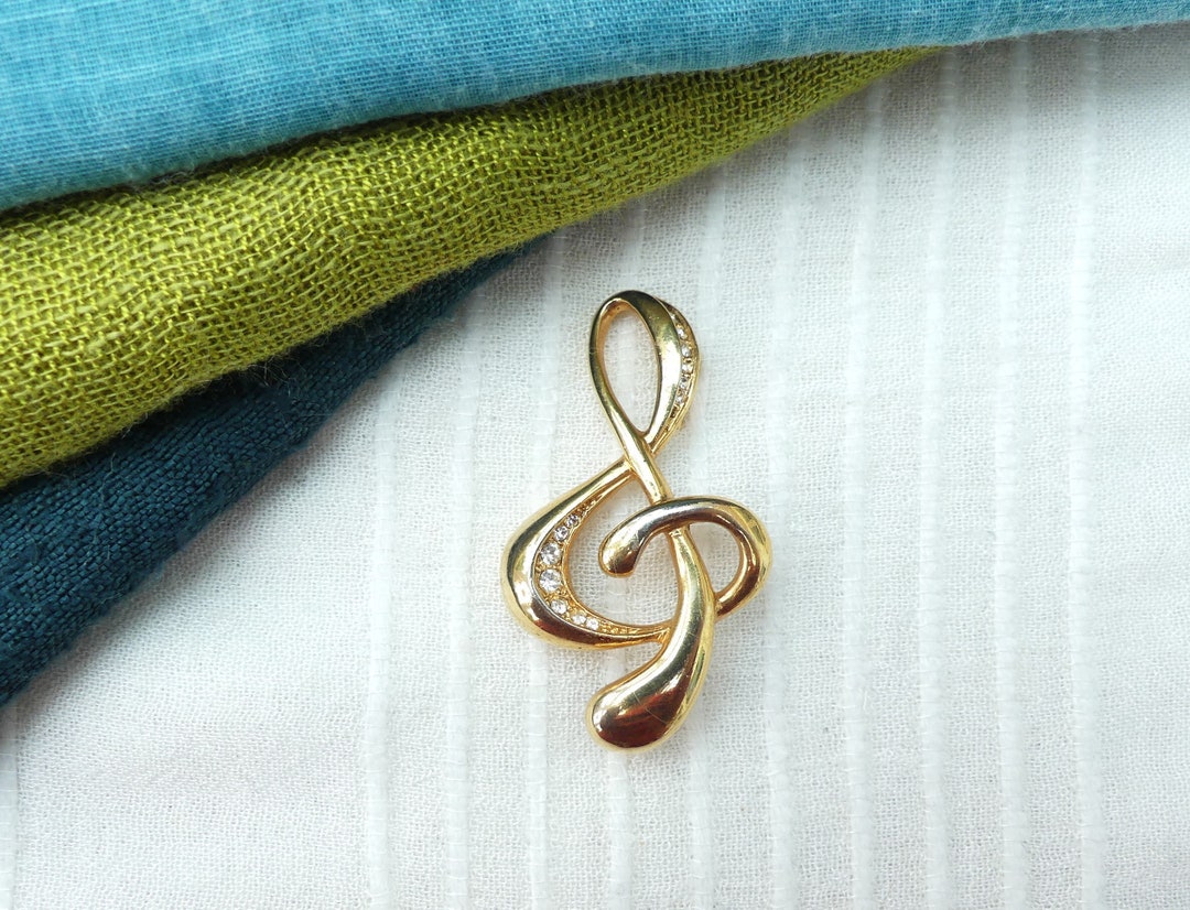 Vintage 1970s Gold Plated Treble Clef Brooch With Clear Crystal ...