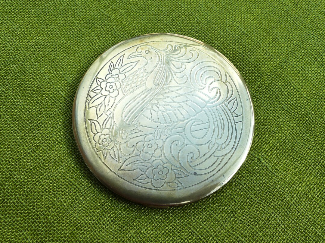CLEFF Large Heavy Brass Powder Compact With Exotic Bird of Paradise ...