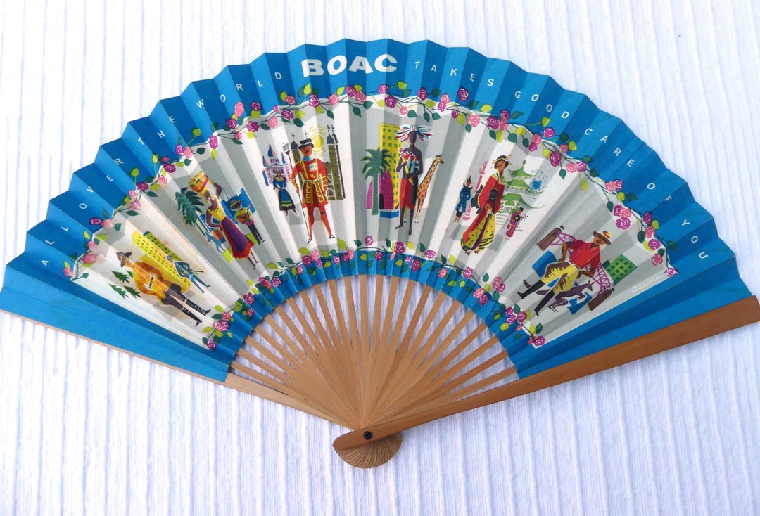 BOAC Chinese Paper & Bamboo Hand Fan, Teal Blue With 'BOAC Takes Care ...