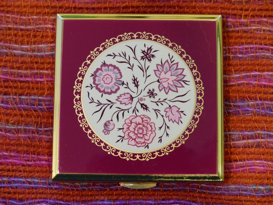 STRATTON Square Goldtone Powder Compact With Burgundy Floral Transfer ...