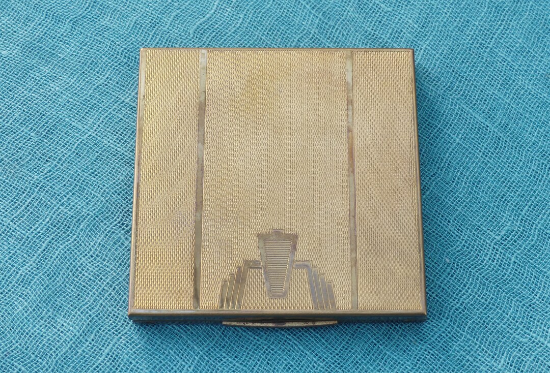 ZENETTE Square Brass Powder Compact With Engine-turned Art Deco Design ...