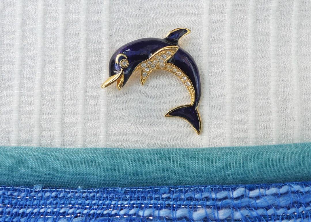 Vintage 1980s Gold-plated Midnight Blue Enamel & Crystal Diamanté ...