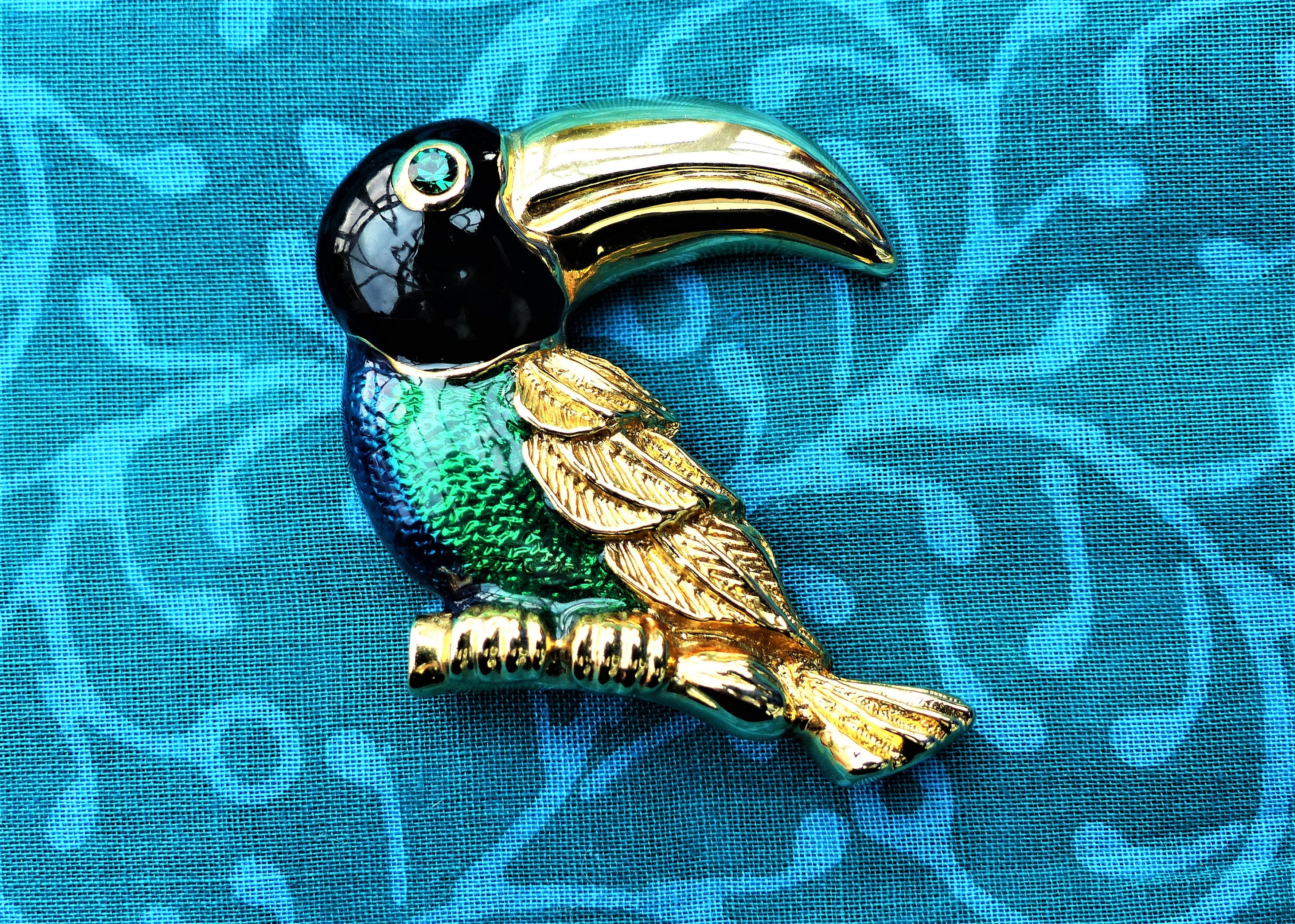 Vintage 80s Gold-plated Blue-green & Black Enamel Diamanté - Etsy UK