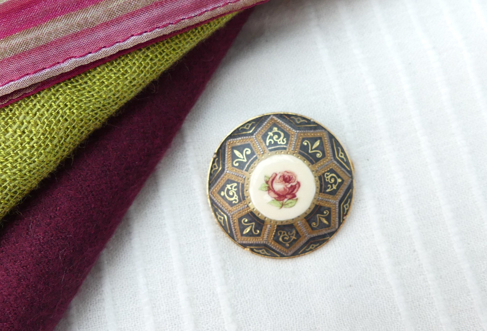 DAMASCENE Disc Brooch, Black Enamel, Gold-tone Metal and Ceramic Button ...